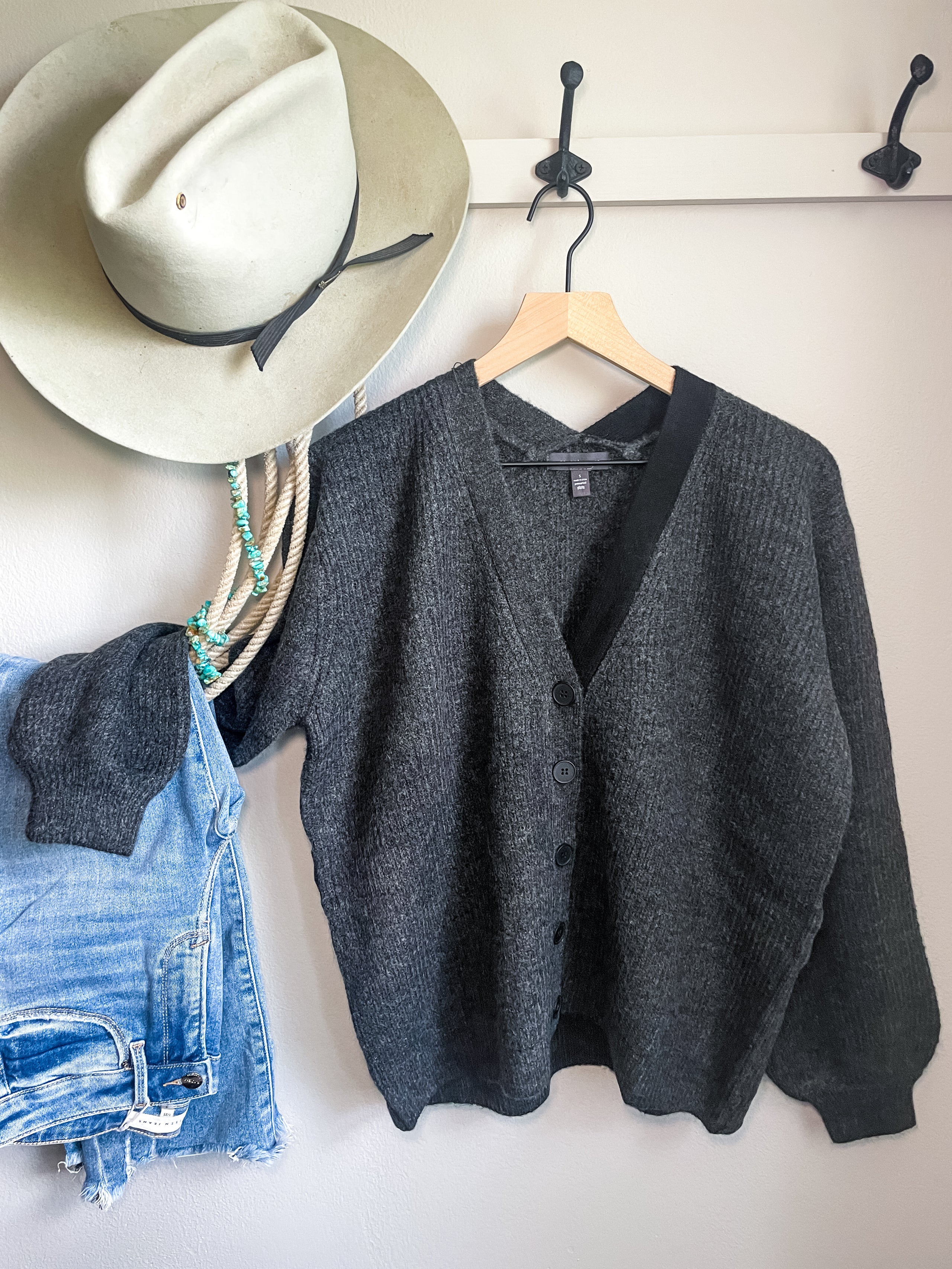 Coal Contrast Placket Cardigan | Ranch-Land Western Store